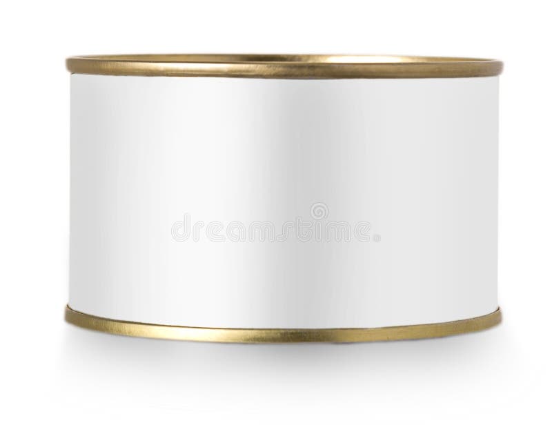 Gold Metal Tin Can with White Label Isolated on White Background Stock ...