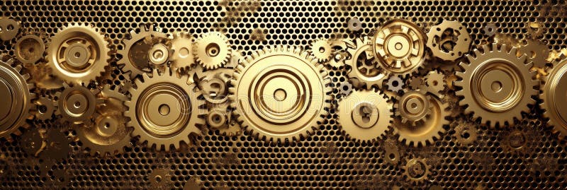 Gold, Metallic Gears and Cogs on a Honeycomb Background. Abstract ...
