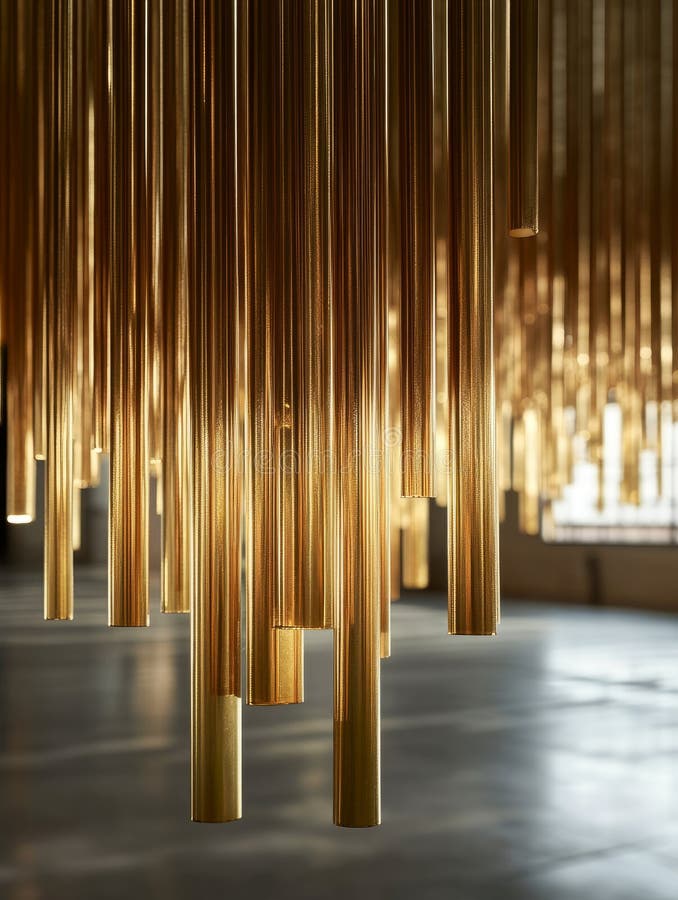 Gold Metallic Tubes Hanging in an Abstract Installation. Stock Photo ...