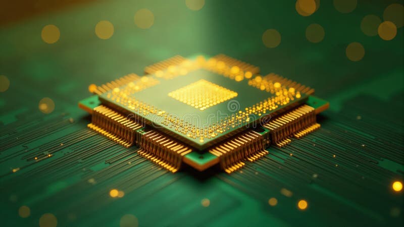 Gold Microchip on Green Circuit Board Stock Photo - Image of automation ...