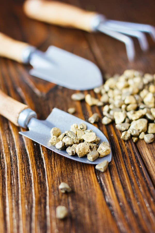 Gold Mining Concept - Golden Sand with Instruments for Mining. Stock ...