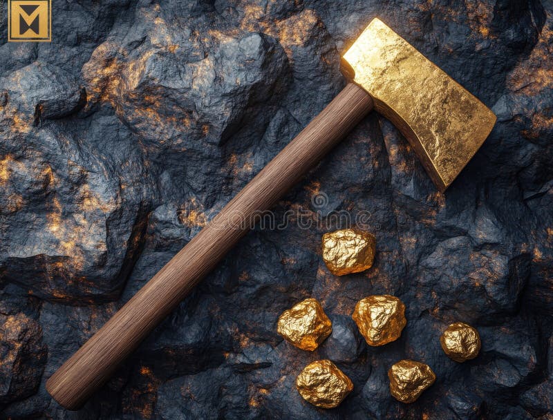 Gold Mining Concept with a Pickaxe beside Glittering Gold Nuggets Stock ...