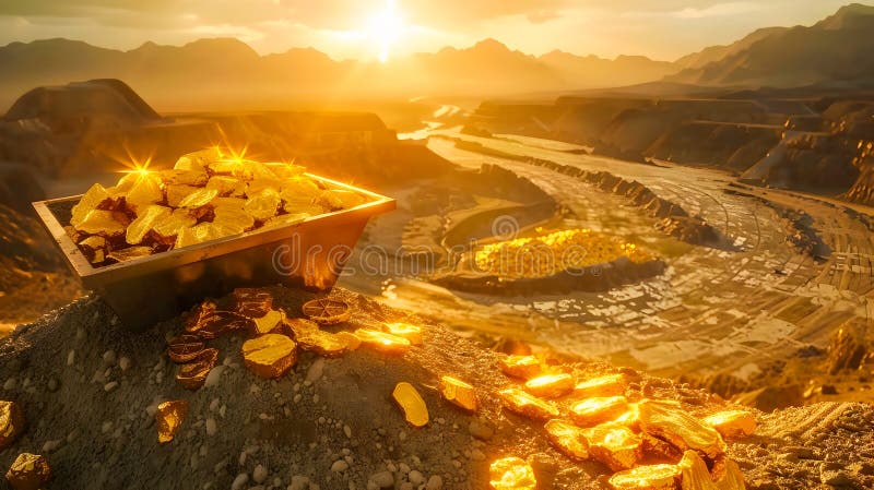 Gold Mining Operation at Sunset in the Mountains Stock Illustration ...