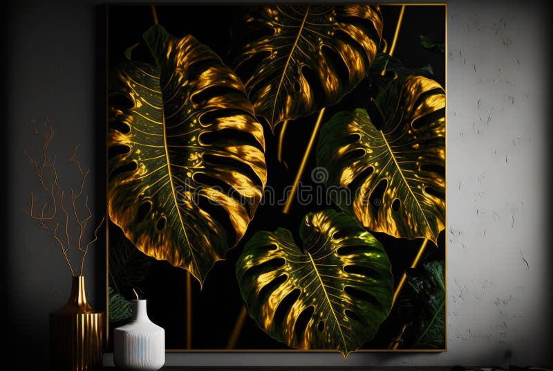 Gold Monstera Leaves in Interior. Natural Luxury Backdrop Stock Image ...