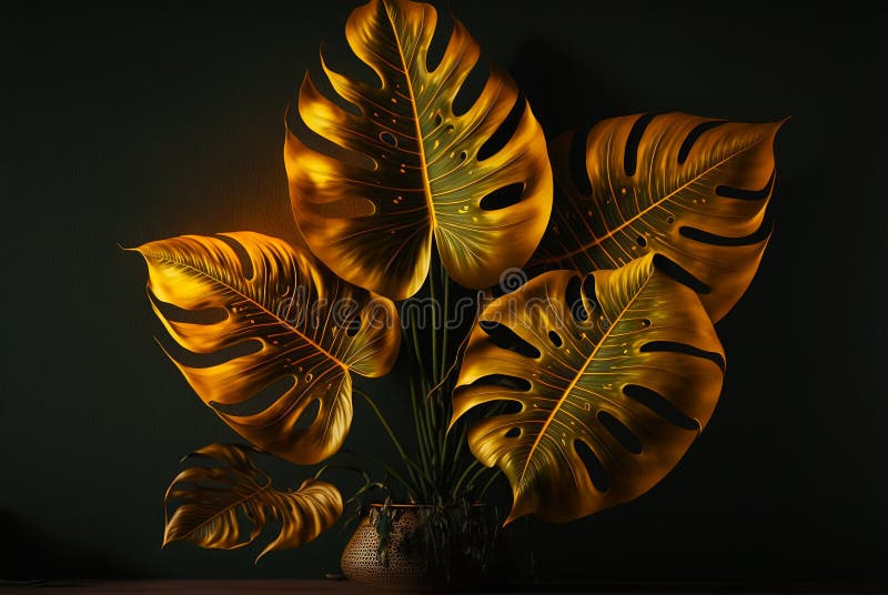 Gold Monstera Leaves in Interior. Natural Luxury Backdrop Stock Image ...