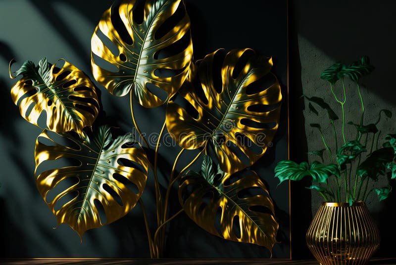 Gold Monstera Leaves in Interior. Natural Luxury Backdrop Stock Photo ...