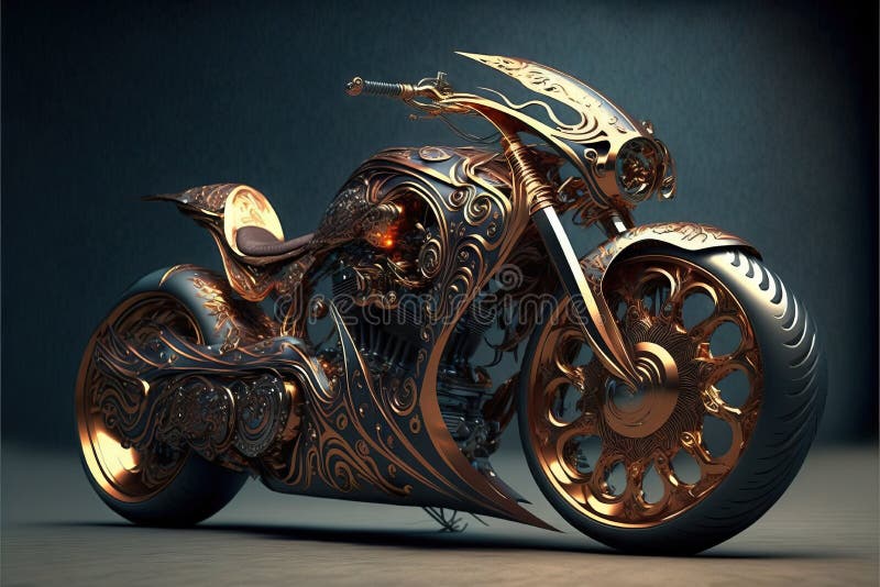 A Gold Motorcycle with Intricate Designs on the Front Wheel and Seat ...