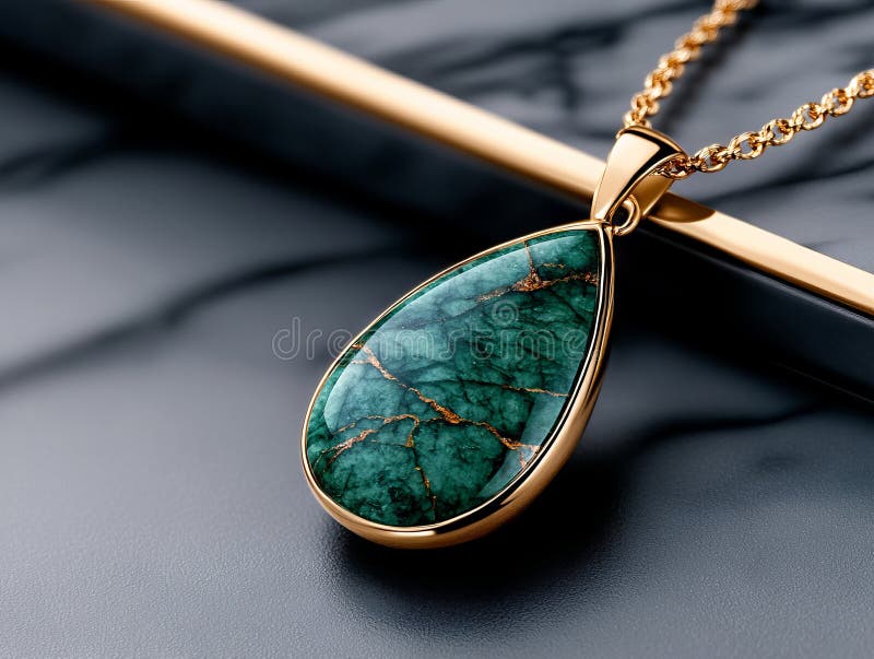 A Gold Necklace with a Green Stone Pendant on a Gold Chain Stock Image ...