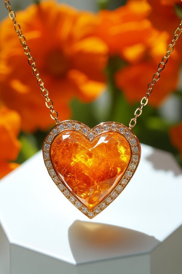 A Gold Necklace with an Orange Gem is Placed in Front of Some Flowers ...