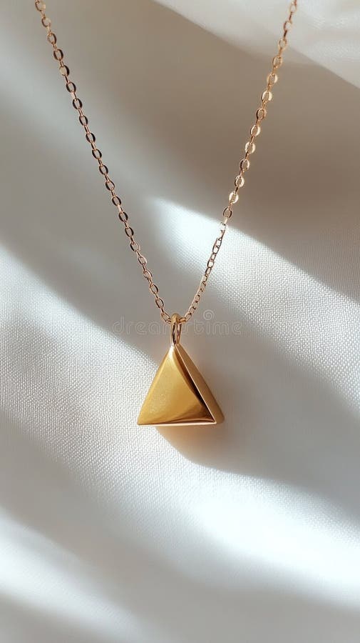 Gold Necklace with Triangle Shaped Pendant Resting on White Silk Stock ...