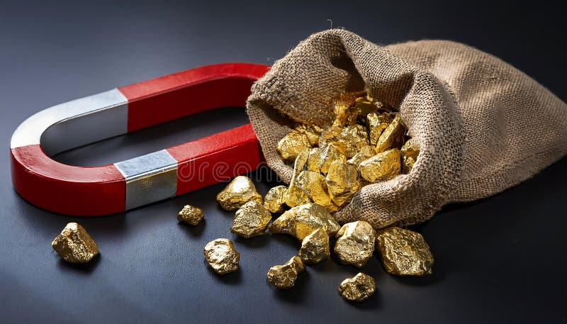 Gold Nuggets Spilling Out of a Bag and a Magnet on Top, Isolated Over ...