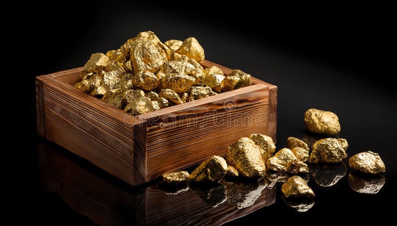 Gold Nuggets in a Wooden Box on a Black Background Stock Illustration ...
