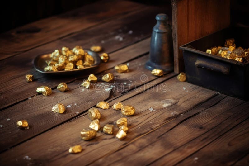 Gold Nuggets on a Wooden Table in Mine Stock Illustration ...