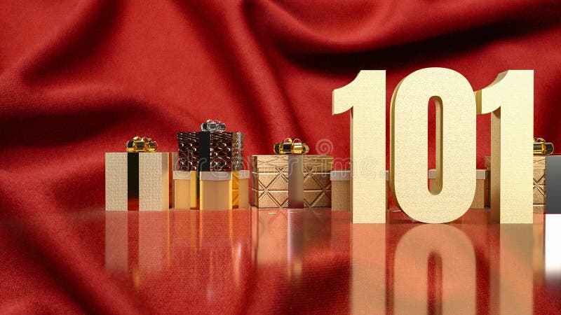 Gold Number 101 and Gift Box on Red Silk for Business Concept Stock ...