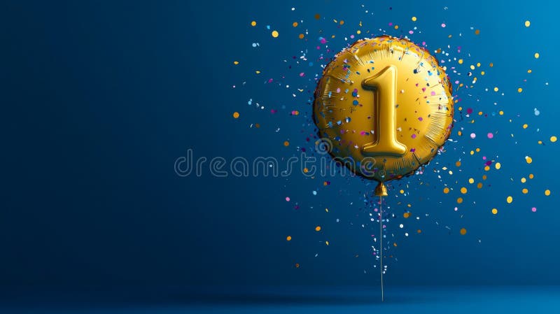 Gold Number One Balloon with Confetti on Blue Background Stock ...