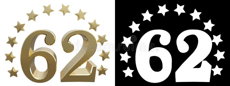 Gold Number Sixty Two, Decorated with a Circle of Stars. 3D ...
