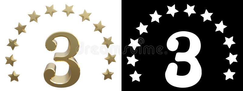 Gold Number Three, Decorated with a Circle of Stars. 3D Illustration ...