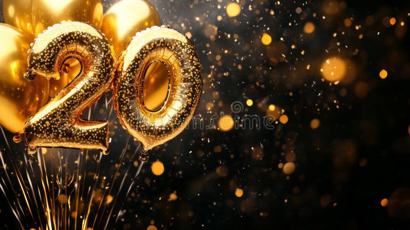 Gold Number Twenty Balloons and Sparkling Background Stock Illustration ...