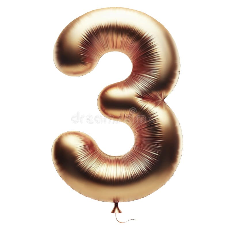 Gold Foil Balloon Shaped Like the Number Three, Featuring a Shiny ...