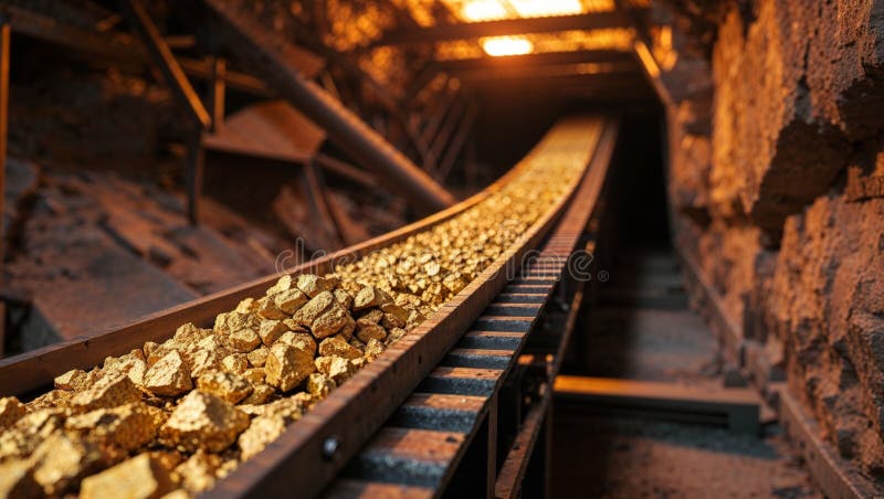 Gold Ore Moving Along Conveyor Belt in Mine at Sunset Stock Image - Image of moving, sunset ...