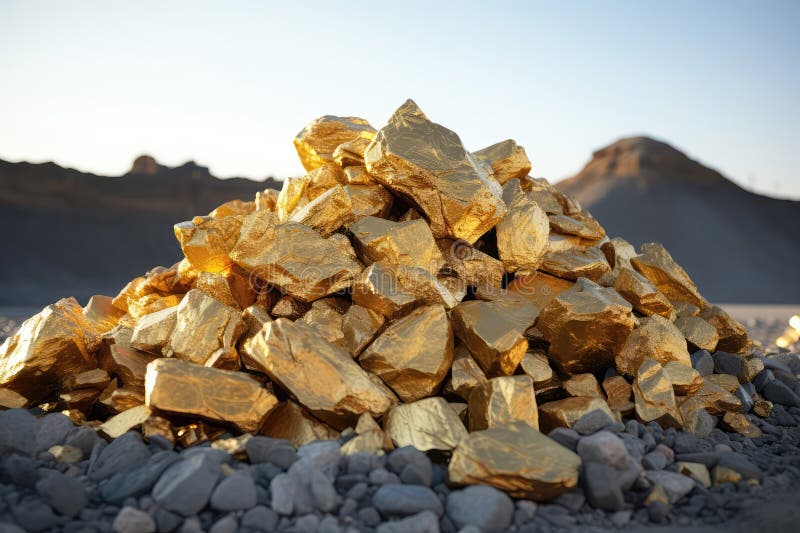 Gold Ore in Pile Against the Backdrop of the Mountains. Generative AI ...