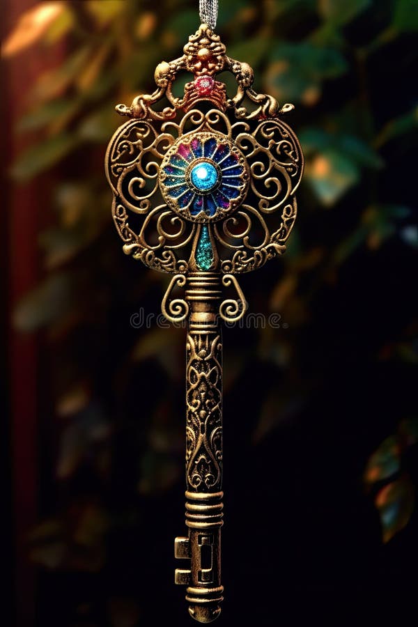 A Gold Ornate Key with a Blue Gem Stock Illustration - Illustration of ...