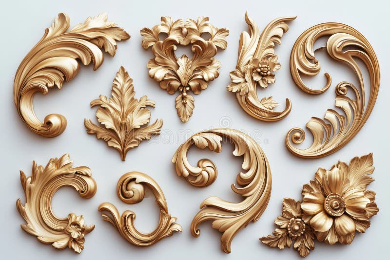 Gold Ornate Rococo Style Decorative Elements Isolated on White ...