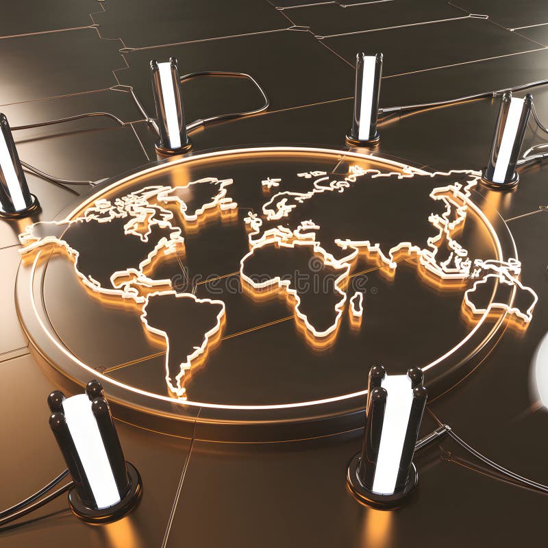 Gold Outlined World Map, Orange Light Cylinders, Global Connectivity ...