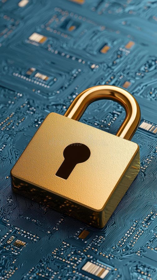 Gold Padlock Resting on a Detailed Teal Circuit Board Surface ...