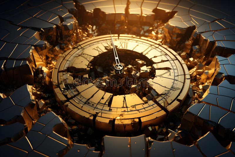 Gold Painted Clock on Black Background. the Clock is Broken into Pieces ...