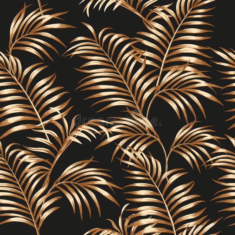 Gold Palm Leaves Seamless Black Background Stock Vector - Illustration ...