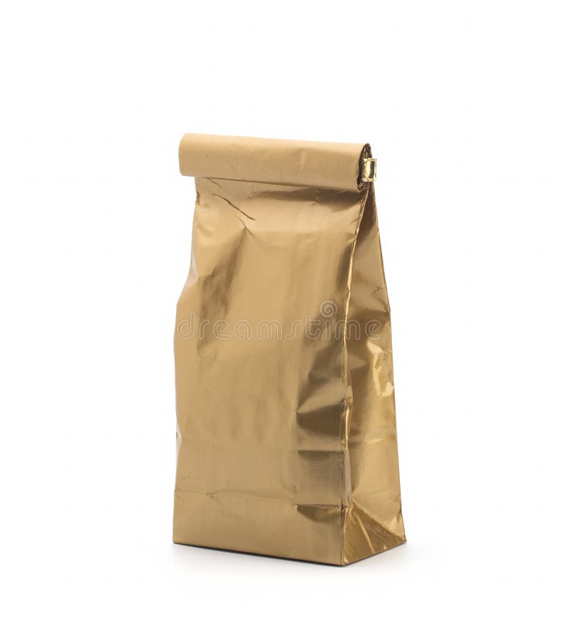 Gold Paper Bag Packaging Template Isolated on White Background Stock ...