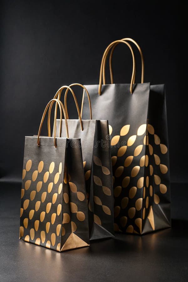 Gold Paper Bags on Black Background, Minimal Design Stock Illustration ...