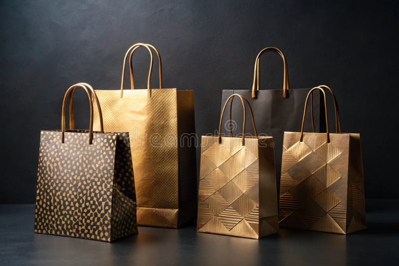 Gold Paper Bags on Black Background, Minimal Design Stock Illustration ...