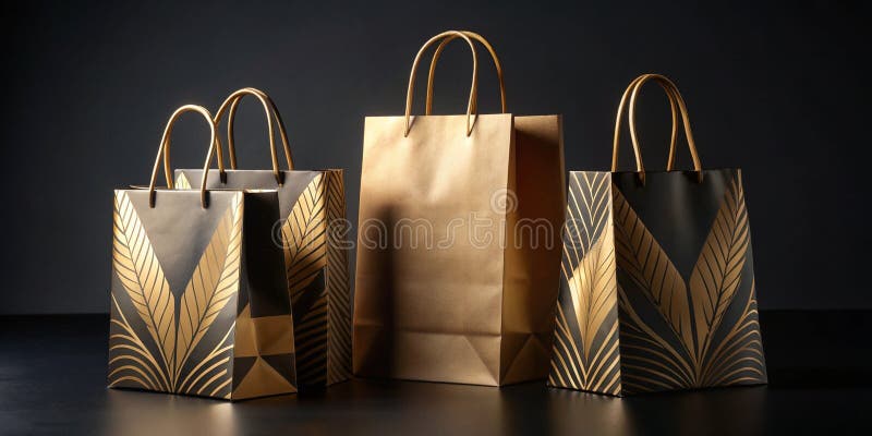 Gold Paper Bags on Black Background, Minimal Design Stock Illustration ...
