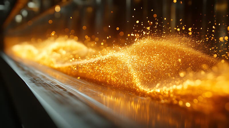 Gold Particles Flowing on Conveyor, Factory, Industry Stock ...