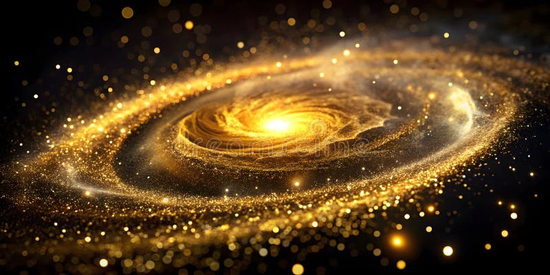 Gold Particles Forming Swirling Galaxy Against Black Background Stock ...