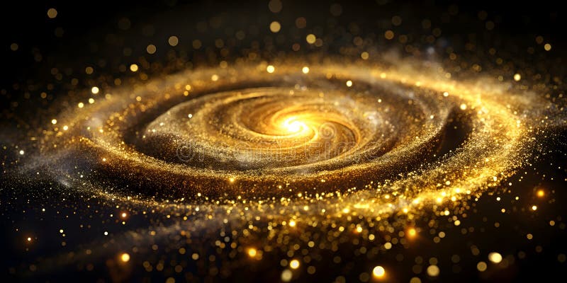 Gold Particles Forming Swirling Galaxy Against Black Background Stock ...