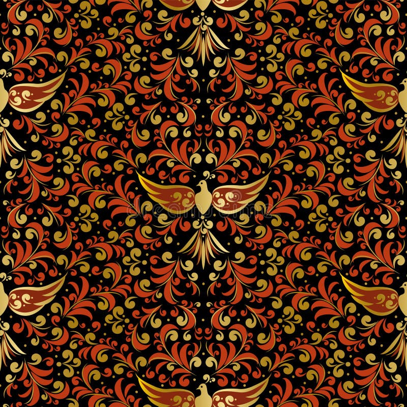 Seamless Pattern with Stylized Gold and Red Pattern in Russian Folk ...