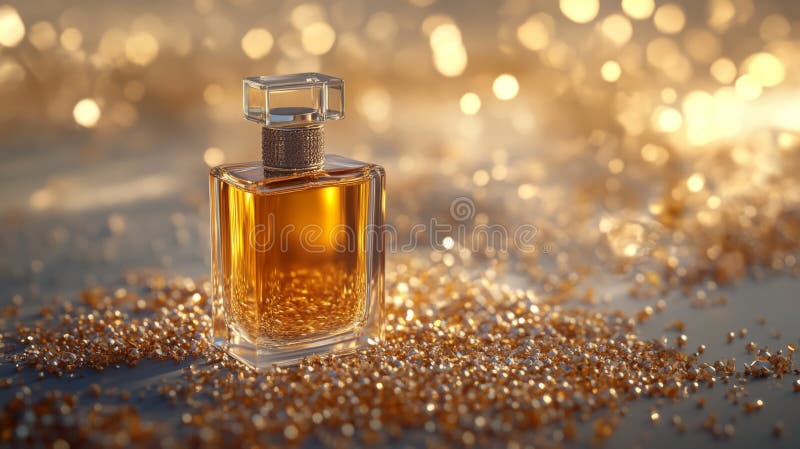 A Gold Perfume Bottle on a Bed of Shimmering Crystals Stock ...