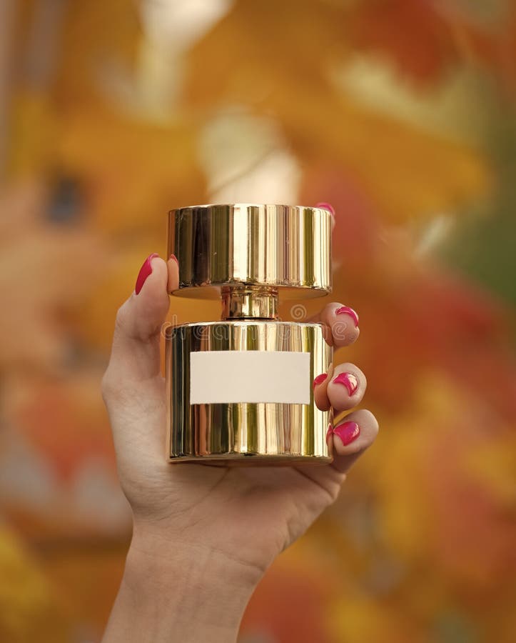 Gold Perfume Bottle in Hand. Presenting Perfume Bottle. Presenting ...