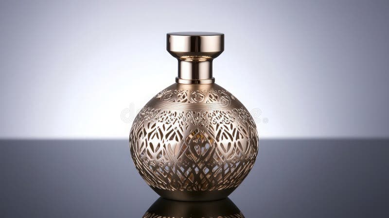 A Gold Perfume Bottle with an Intricate Design on a Reflective Surface ...