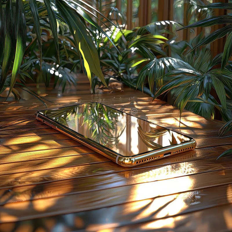 Gold Phone on Wooden Table with Sunlight and Green Foliage Stock ...
