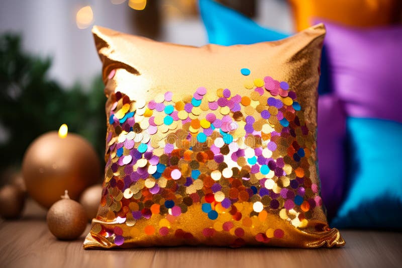 Gold Pillow with Colorful Sequin Pattern on it. Generative AI Stock ...