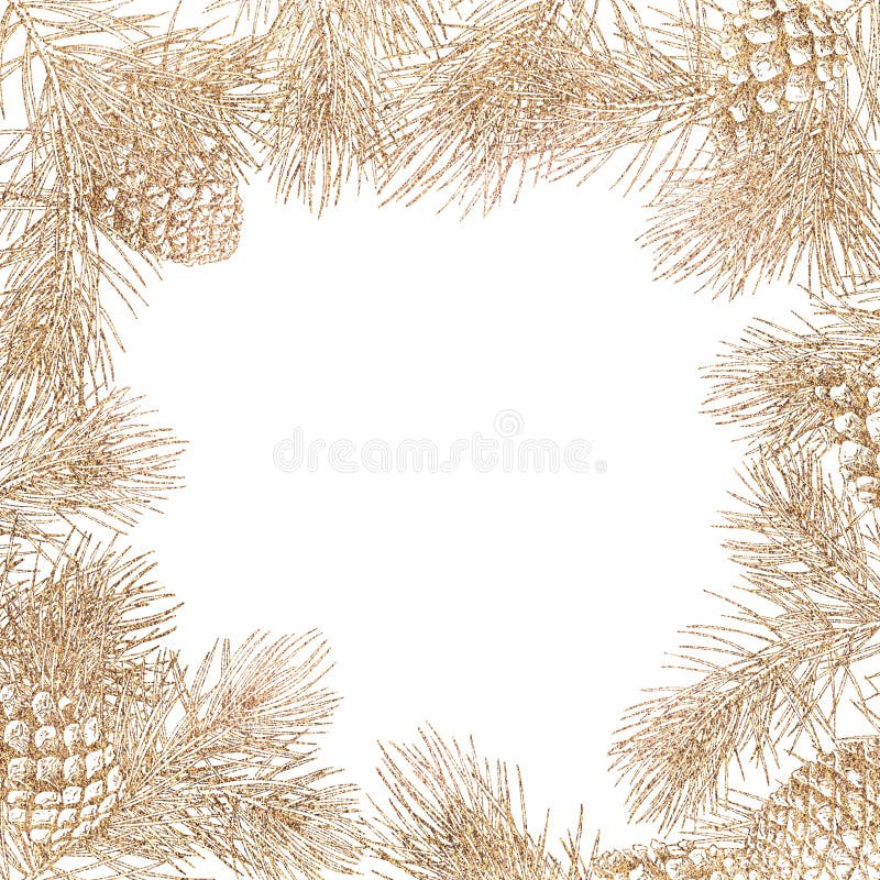 Gold Pine Branches Frame. Hand Drawn Graphic Illustration. Stock Photo ...