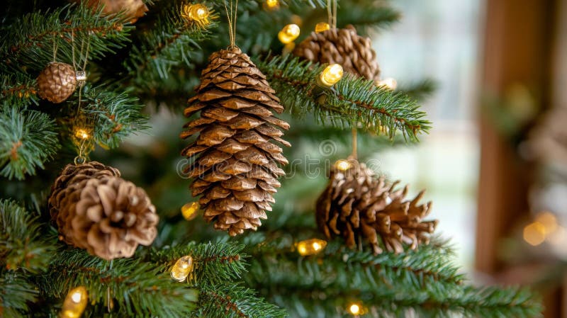 Gold Pine Cones Adorn Christmas Tree Branches Stock Illustration ...