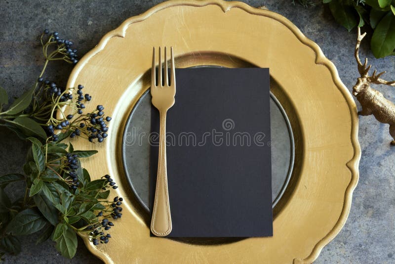 Gold Place Setting with Empty Menu on Grunge Stock Image - Image of ...