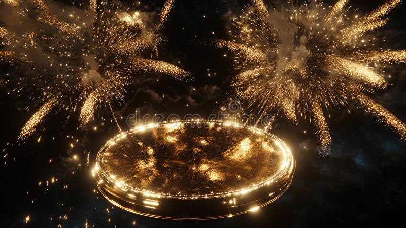 A Gold Plate with Fireworks Exploding in the Night Sky Stock Photo ...