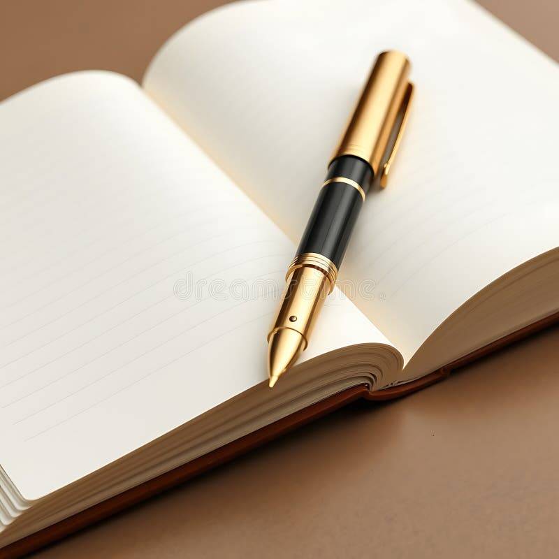 A Gold Plated Fountain Pen Resting on an Open Notebook with Blank Pages ...