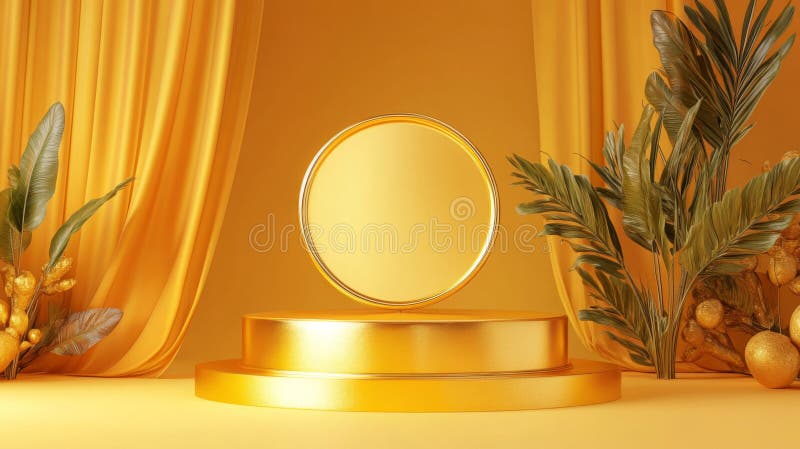 Gold Platform with Circular Frame and Tropical Foliage Stock ...